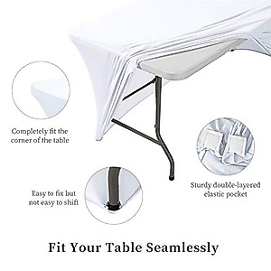 ManMengJi White Spandex Table Cover 6 ft, Stretch Tablecloths for Standard Folding Tables, Universal Rectangular Fitted Table Cloths for Wedding, Banquet, Party and Events