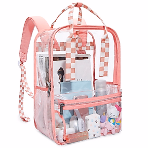 mommore Heavy Duty Clear Backpack Durable See Through Bookbags for Work (Pink Plaid, Large)
