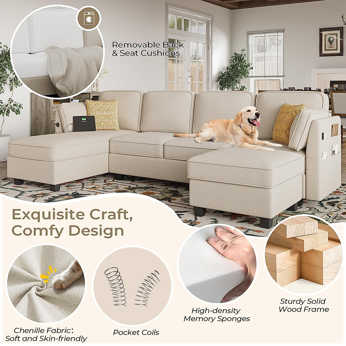 Hasuit 113'' Sectional Sofa with Storage Seats, U Shaped Convertible Sofa Couch with Large Reversible Chaise, Comfy Chenille Sofa with USB Port, Modular Sectional Sofa Couches for Living Room, Beige