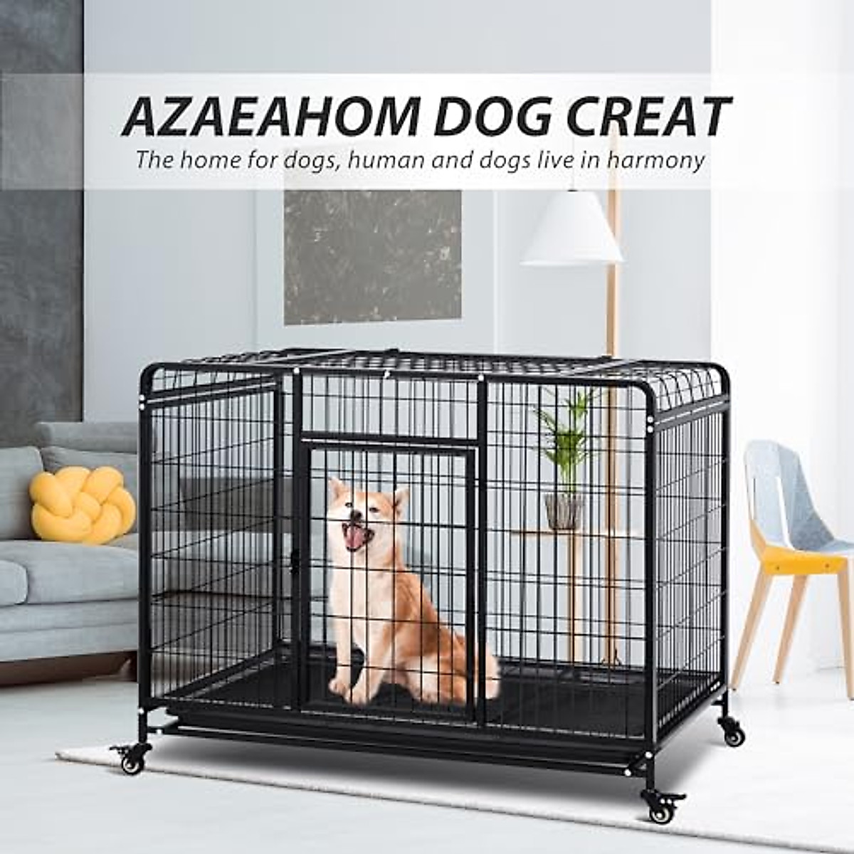 Azaeahom 49" Heavy Duty Dog Crate for Large Dogs, Extra Large Dog Cage Kennel with Double Door, 360°Lockable Wheels, Removable Tray for Easy Cleaning, Indoor/Outdoor