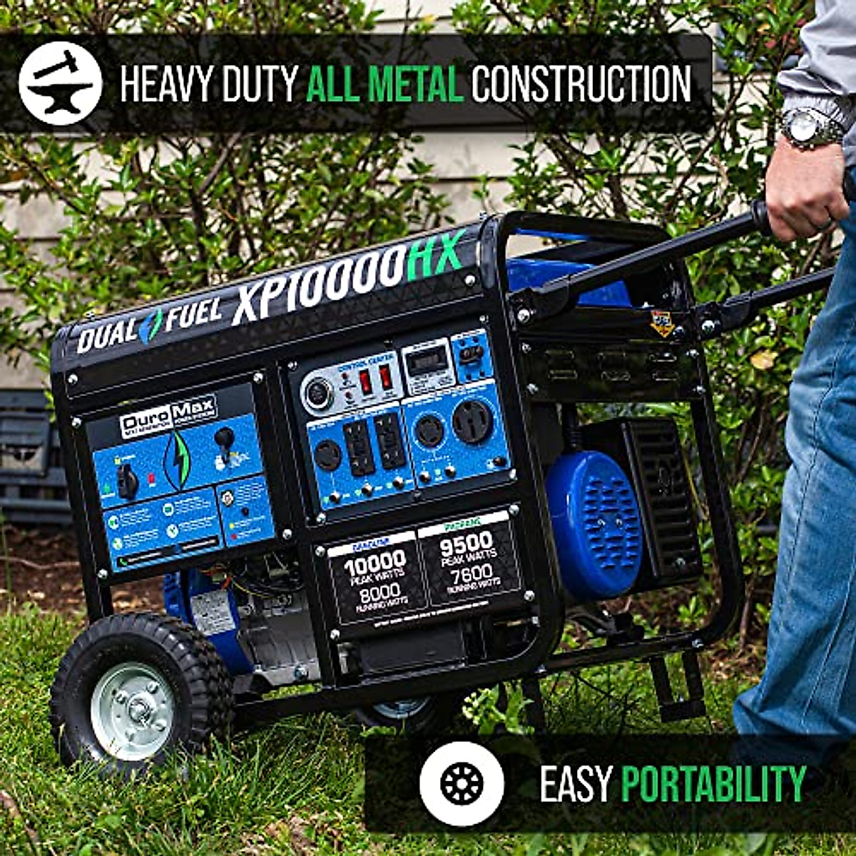 DuroMax XP10000HX Dual Fuel Portable Generator-10000 Watt Gas or Propane Powered Electric Start w/CO Alert, 50 State Approved, Blue