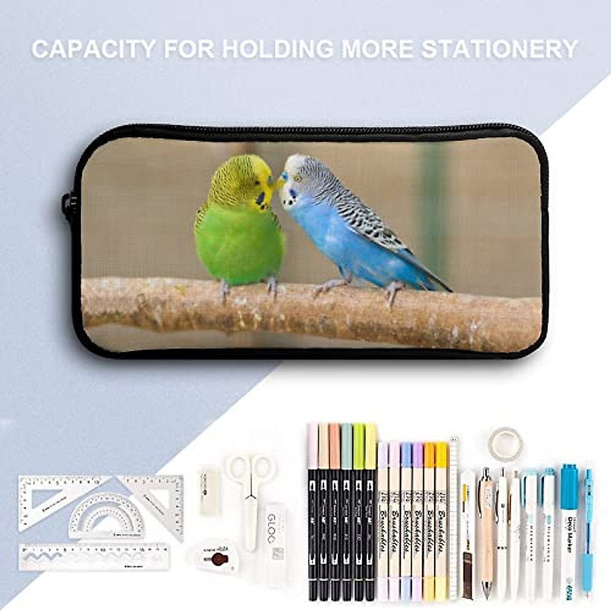 Parakeets Love-Birds Parrots on Branch Teen Adult Pencil Case Large Capacity Pen Pencil Bag Durable Storage Pouch