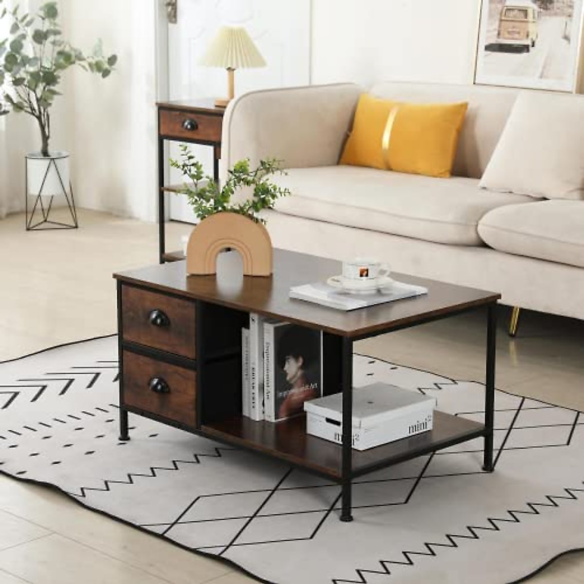 SENIG Coffee Table with Drawers, Coffee Table for Living Room, 2-Tier Coffee Tables with Storage Drawers，Brown Coffee Tables for Small Spaces, Rectangle Wood Ttable, Metal Side End Table