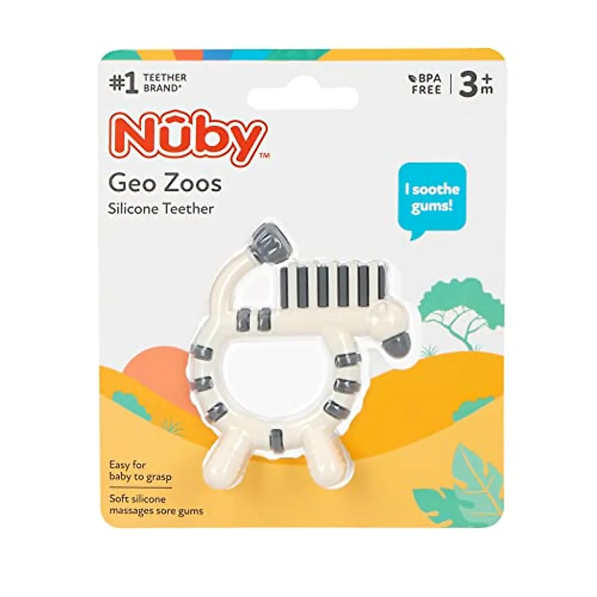 Nuby Geo Zoos Massaging Silicone Teether with Multiple Textures, 3m+, Zebra