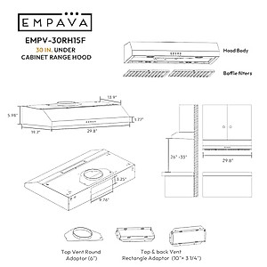 Empava Ductless Under Cabinet Range Hood 36 Inch, Convertible Ducted (Rear/Top Vent), 300 CFM, Push Button Plug in, Stainless Steel