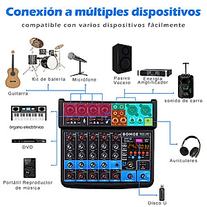 BOMGE 6 Channel mini DJ Audio sound mixer console with USB interface, Bluetooth, Stereo Recording, 48V Phantom Power, 24 DSP effects for karaoke, singing, live，streaming，pc recroding. (white)