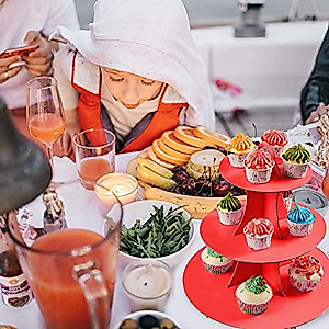 Cupcake Stand, 2 Pack 3-Tier Round Cardboard Dessert Plates Cake Fruit Cupcake Base Holder Candy Display Tower Tray Pastry Serving Platter for Birthday, Wedding, Baby Shower, Christmas (Red)