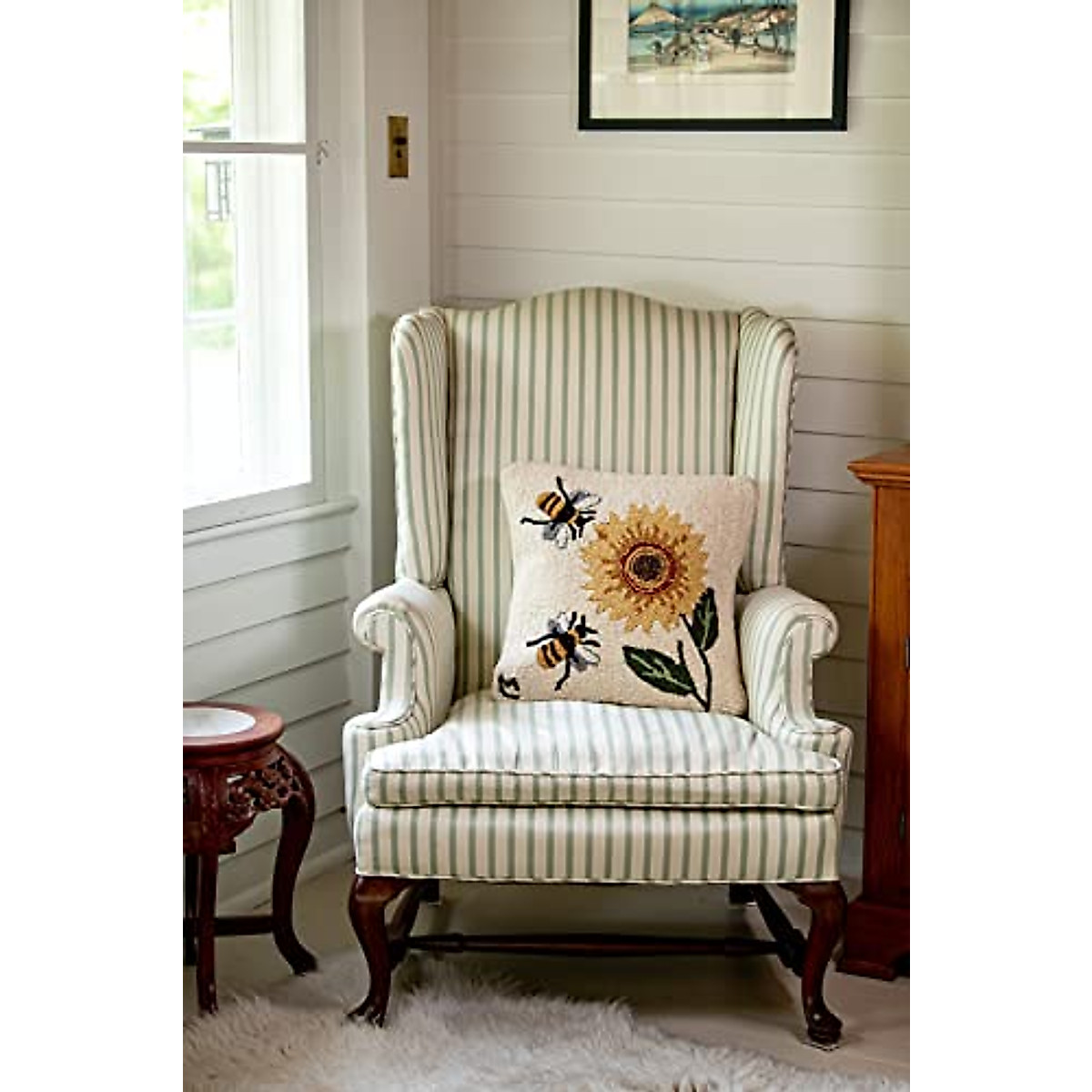 Chandler 4 Corners Artist-Designed Sunflower Bees Hand-Hooked Wool Decorative Throw Pillow (18” x 18”) Garden Pillow for Couches & Beds - Easy Care & Low Maintenance, Nature & Garden Throw Pillow