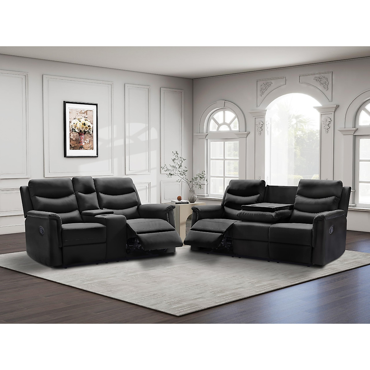 Sofa PU Leather Recliner Loveseat with Console Slate, Cup Holder, Double Recliner 2-Seater for Living Room Theater Seating Rv Furniture, (Black)…