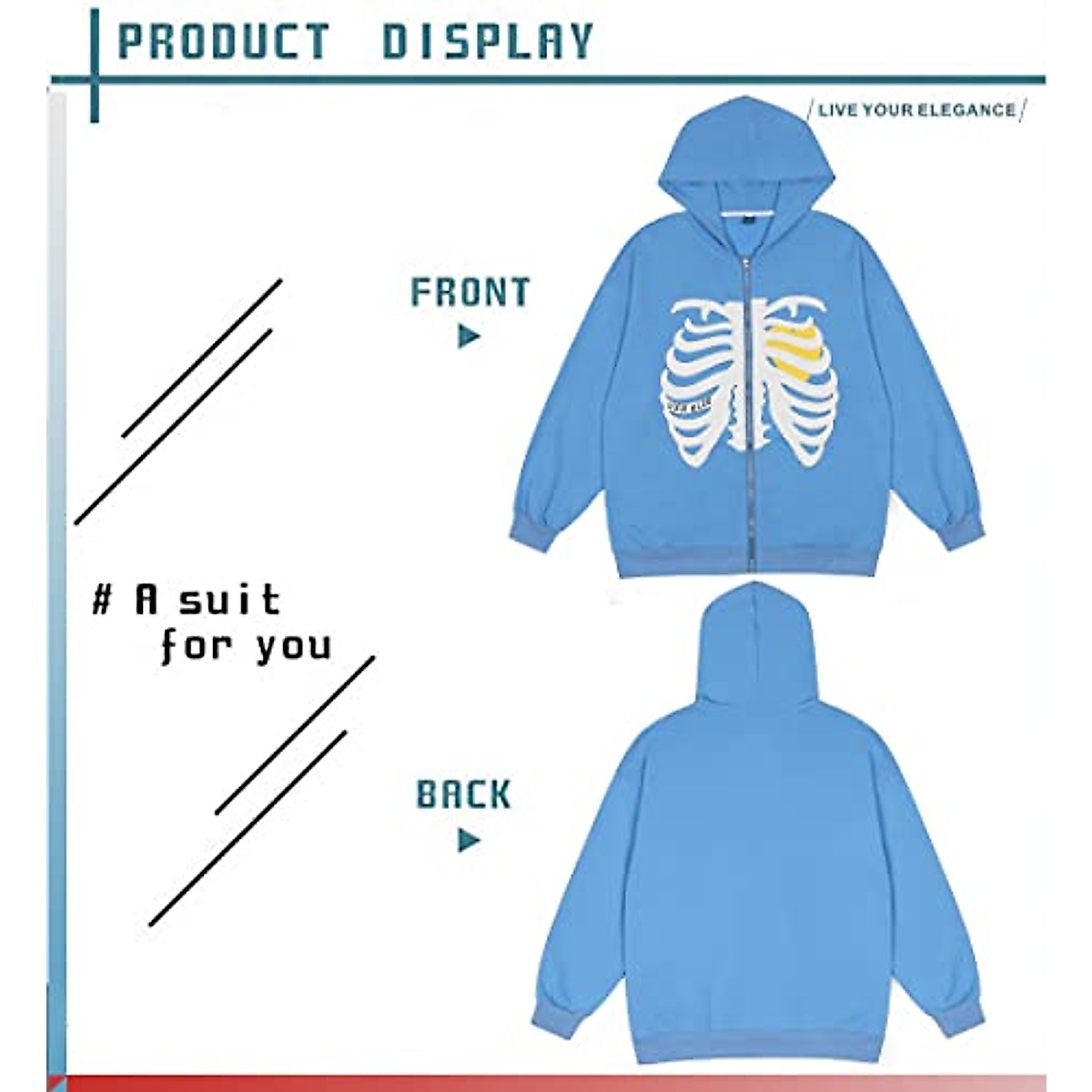 Unisex Skeleton Zip Up Hoodie Fashion Vintage Jacket Graphics E-Girl 90s Sweatshirt for Men and Women (Blue,Small)
