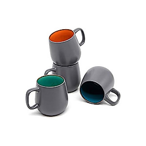 Kook Multicolor Deco Large Ceramic Coffee Mugs, Ceramic, Microwave & Dishwasher Safe, 21 oz, Semi-Matte, Grey, Set of 4