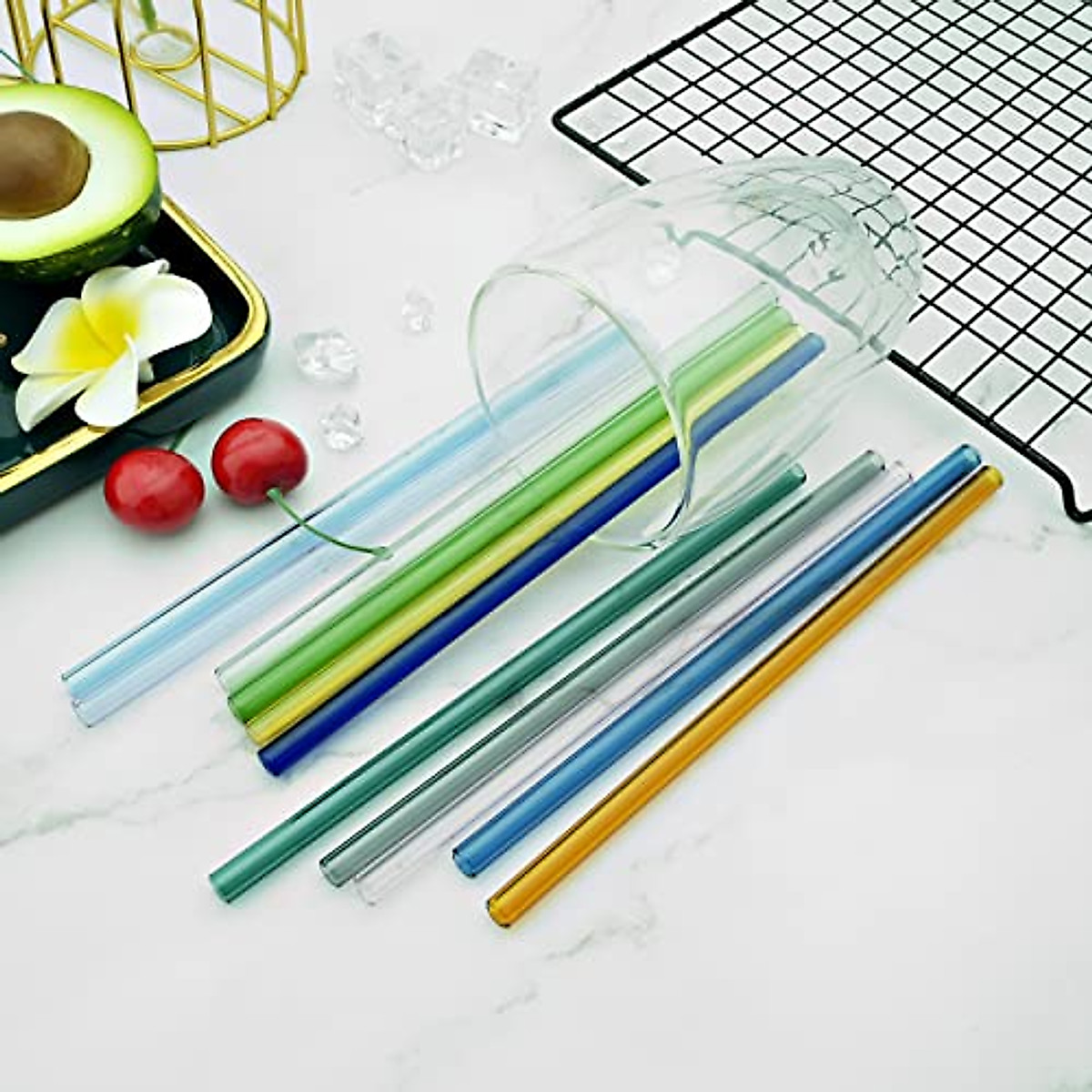 JASHII Reusable Glass Straws, 7.87"×0.3" Clear Smoothie Drinking Straws with Clean Brush, Black Travel Case for Beverages, Shakes, Milk Tea, Juices, Cocktail, 4 bent, 4 straight - Lavender