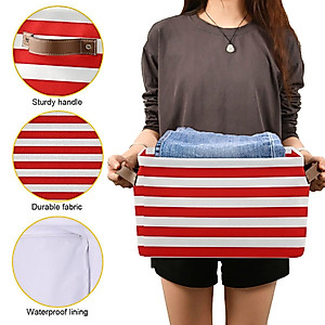 Kigai 2 Pack Foldable Storage Basket Red & White Stripes Foldable Storage Bins for Organizing Shelf Nursery Closet Organizers with Handle Toy Fabric Baskets for Home/Office