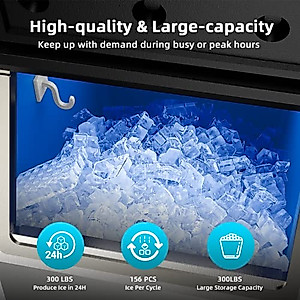 COTLIN Commercial Ice Maker Machine 300LBS/24H with 300LBS Large Storage Bin, 22'' Air Cooled Clear Cube for Restaurant Bar, 110V Ice Machine with Bin