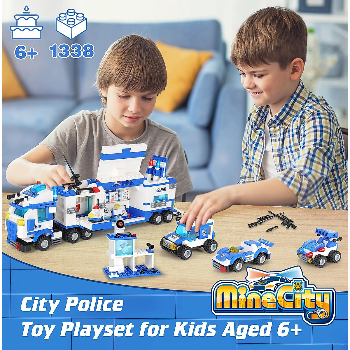 WishaLife City Police Mobile Command Center Truck Building Toy, W/Police Car, Airplane, Boat, Gifts for 6 Plus Year Old Kids, Boys, Girls (1338 PCS)