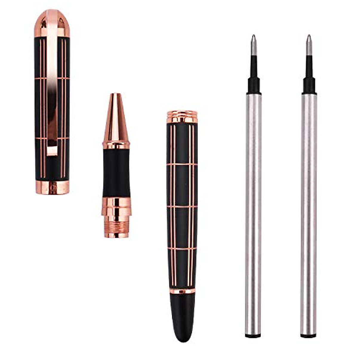 SHALORY Rose Gold Gel Ink Rollerball Pen-Geometric Stripe Style Copper Grip Metal Pens in Gift Box with 1 Extra Refill,Valentine's Day Gifts for Women &Men (Black Ink, 0.7mm Fine Point)