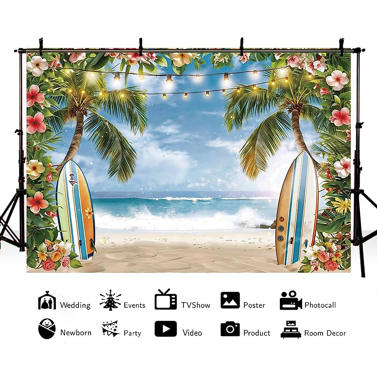 MEHOFOND 7x5ft Summer Hawaiian Beach Photography Background Tropical Luau Photo Backdrop Sky Ocean Palm Tree Surfboard Summer Holiday Sea Beach Party Supplies Aloha Birthday Photo Booth Props