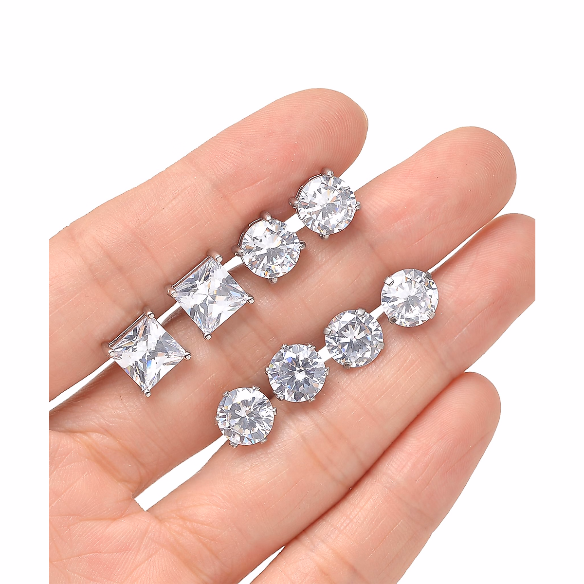 Ofeiyaa 12 Pairs Stainless Steel Stud Earrings Cubic Zirconia Cartilage Barbell Earring Set for Men Women Black Silver Tone 8mm