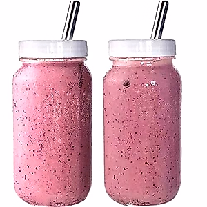 Reusable Smoothie Cup Regular Mouth 24 oz Mason Jar with Wide STAINLESS STEEL Straws Drinking Cups and Lids and Straws- Drinking Lid and BPA Leak Proof Caps by Jarming Collections