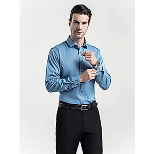 ATOFY Men's Long Sleeve Dress Shirt Regular Fit Casual Button-Down Solid Shirts(Blue, M)