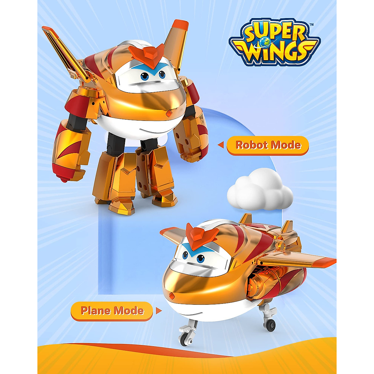 Super Wings 5" Transforming Golden Boy, Airplane Toys Vehicle Action Figure, Transformer Plane to Robot, Birthday Gifts for 3 4 5 Year Old Boys Girls Preschool Kids, Gold