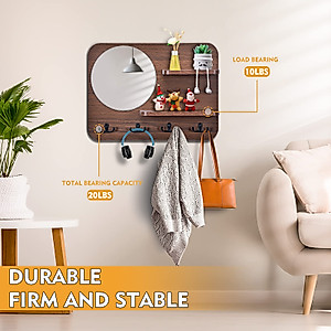 YeadCedle Coat Rack with Shelf Rustic Wooden Wall Mounted Hanging Coat Rack with Mirror Shelf and 4 Double Hooks Decorative Entryway Hook Shelf for Hallway Living Room Bedroom 16"x12" (Brown S)