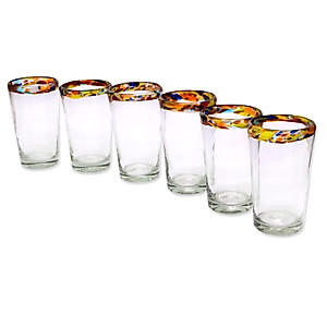 NOVICA Hand Blown Recycled Glass Confetti Rim Highball Glasses, 16 Oz, Confetti' (Set Of 6)