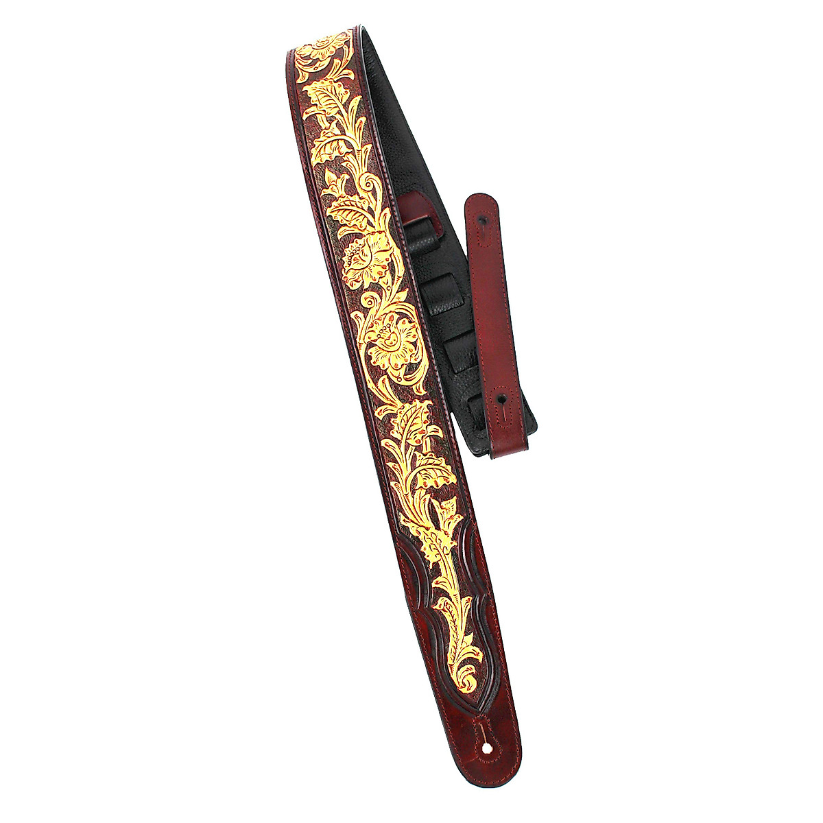 Walker And Williams LHR-37 Handmade Blood Red Premium Carving Leather Guitar Strap With Bright Gold Western Sheridan Carving Pattern And Padded Leather Back For Acoustic, Electric, And Bass Guitars