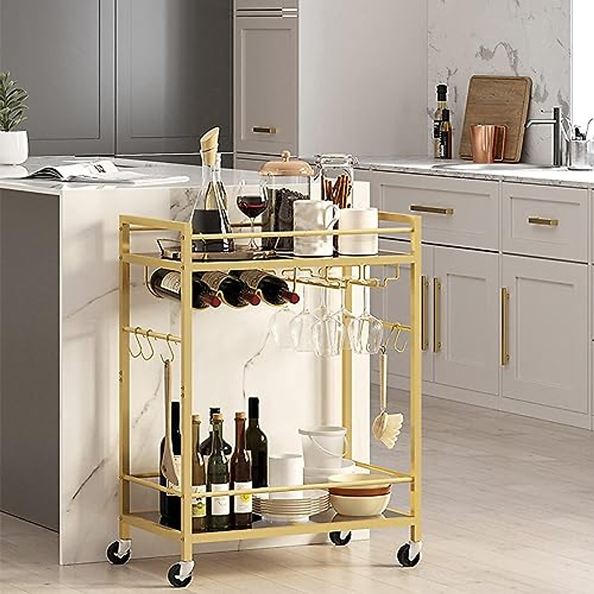 VLOBAOM Serving Cart for Home, Bar Cart with Lockable Wheels, Wine Rack and Glass Holder, Mobile Liquor Cabinet Storage Shelf,24''Dx13''Wx33''H,Gold