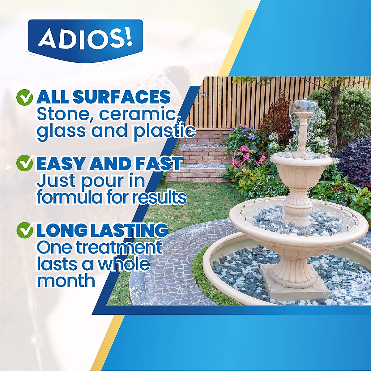 Adios! Fountain Cleaner and Clarifier for Outdoor and Indoor Fountains – Safe for Plastic, Metal, Glass and Stone (32oz)