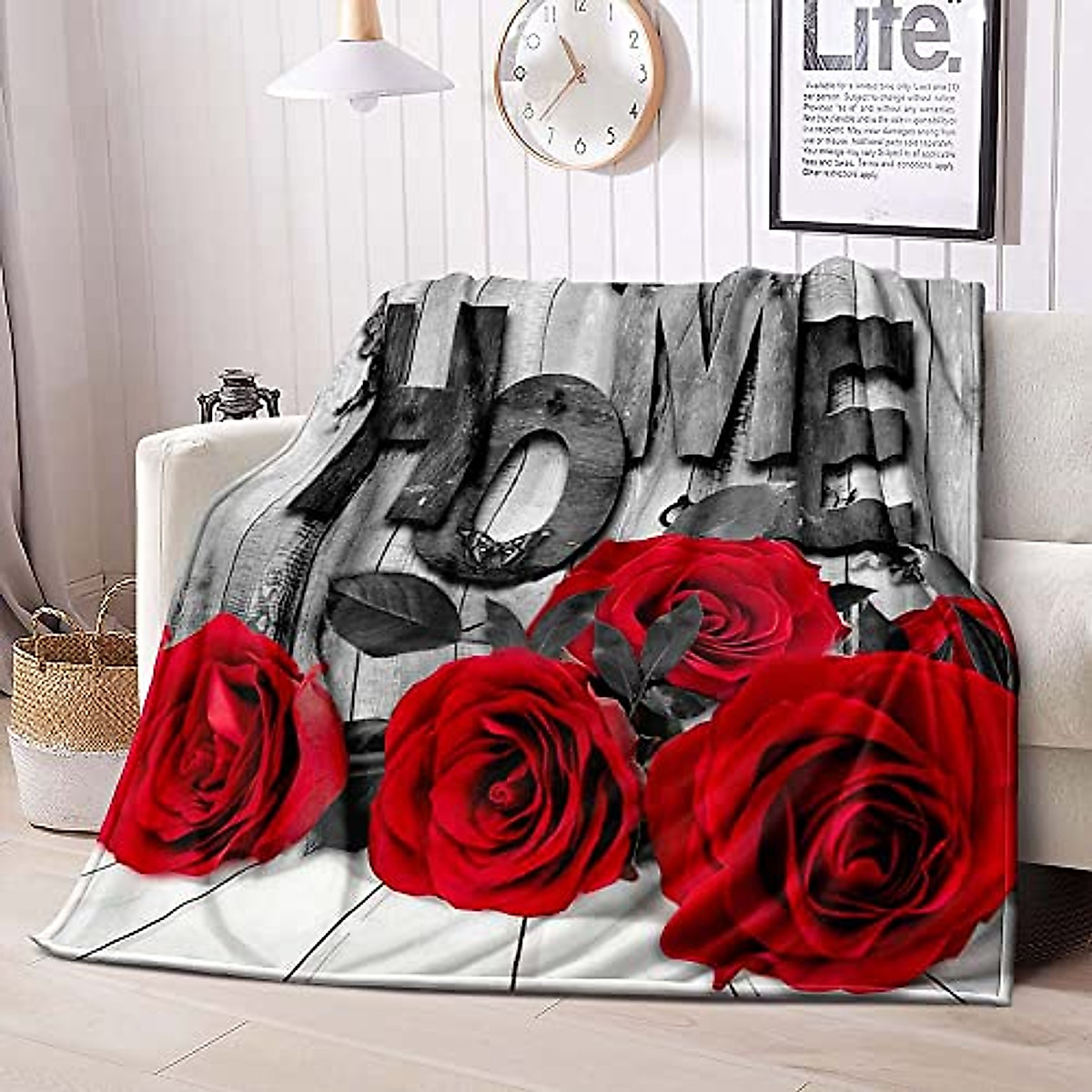 LUVIVIHOME Red Rose Blanket, Rustic Farmhouse Romantic Flower Floral Throw Blanket, Grey Blanket, Cozy Soft Fuzzy Warm Flannel Fleece Blanket for Couch, Sofa, Valentine's Day Gifts for Women, 30"x40"
