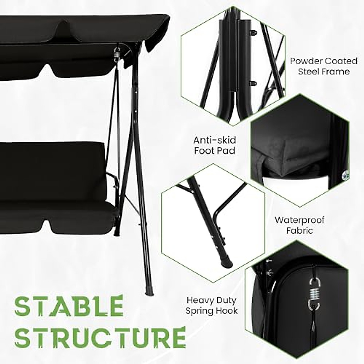 HECASA 3-Person Outdoor Swing Chair, Steel Porch Swing with Convertible Canopy & Removable Cushion for Patio, Garden, Poolside, Balcony and Backyard - Black