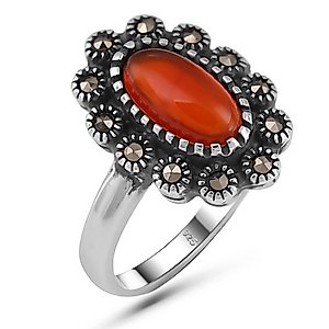 LOMBARDY JEWELRY Oval Shape Natural Carnelian Stone Genuine 925 Sterling Silver Halo Marcasite Oxidized Vintage Style Statement Luxury Ring for Women (7)