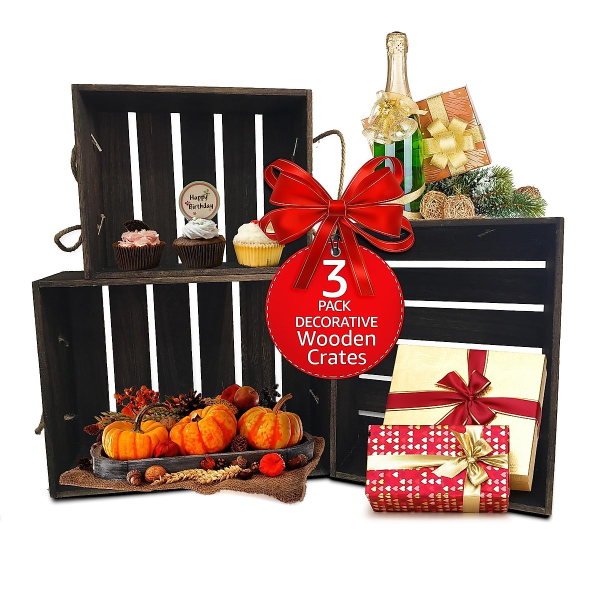 FANDOS Large Wooden Crates For Display -16x12x6in- Wall Mount Stackable Rustic Wooden Crate Boxes, Farmhouse Wooden Crates for Storage, Decorative Wooden Milk Crates for Decor /Artificial Crafts
