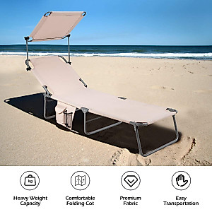 Giantex Tanning Chair, Patio Chaise Lounge Chair with 5 Adjustable Position, Shade Canopy, Storage Pocket, Camping Cot, Outdoor Sunbathing Recliner for Poolside, Lawn Folding Beach Chairs(1, Beige)