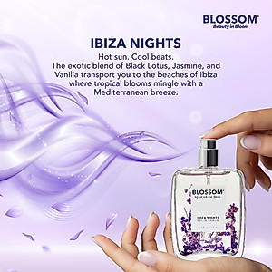 Blossom Unisex Eau De Parfum, Cruelty Free & Vegan Fragrance, Plant-based Perfume Spray with Real Flowers, Made in USA, 1.7oz, (Black Lotus, Jasmine, Vanilla, Mango, Spiced Blackberry), Ibiza Nights
