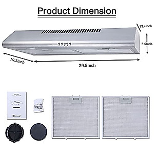 Stainless Steel Range Hood 30 inch KITCHENEXUS 200 CFM Under Cabinet Range Hood Ducted/Ductless Convertible Duct with LED Lighting, Reusable Filters and 3 Speed Exhaust Fan, Slim Kitchen Hood Vent