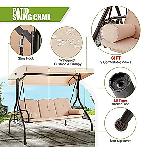 GYUTEI 3-Seat Outdoor Patio Swing Chair,Porch Swing Chair with Adjustable Backrest and Canopy,Outdoor Porch Swing Glider Chair,w/Cushions,Pillows and Cup Holders for Porch,Backyard(Khaki)