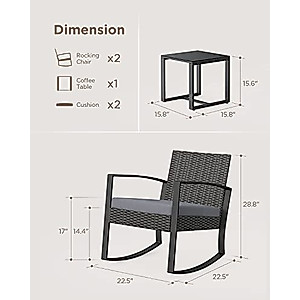 Aiho 3 Pieces Patio Furniture Set, Outdoor Wicker Bistro Rocking Chair Sets with Cushion, Porch Furniture Set with Glass Table, Modern Rattan Conversation Sets for Porches and Balcony (Grey Cushion)