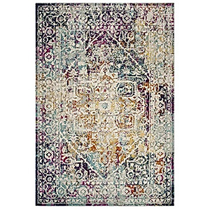 SAFAVIEH Madison Collection 5'3" x 7'6" Ivory / Aqua MAD922A Boho Chic Medallion Watercolor Distressed Non-Shedding Living Room Bedroom Dining Home Office Area Rug