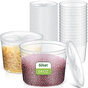 Skylety 60 Sets Plastic Deli Containers with Lids Food Storage Containers Soup Cups, Leakproof, Microwavable, Reusable for Restaurant, Cafe, Freezer and Catering (64 oz)