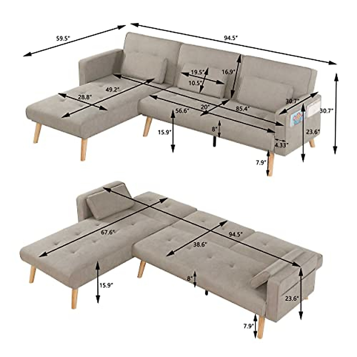 Melpomene Sectional Sofa Bed, Linen l Shaped Couch with Adjustable Back and Organizer,94.5" L Sofa Couch with 3 Pillows for Living Room and Small Space(Left+Light Brown)