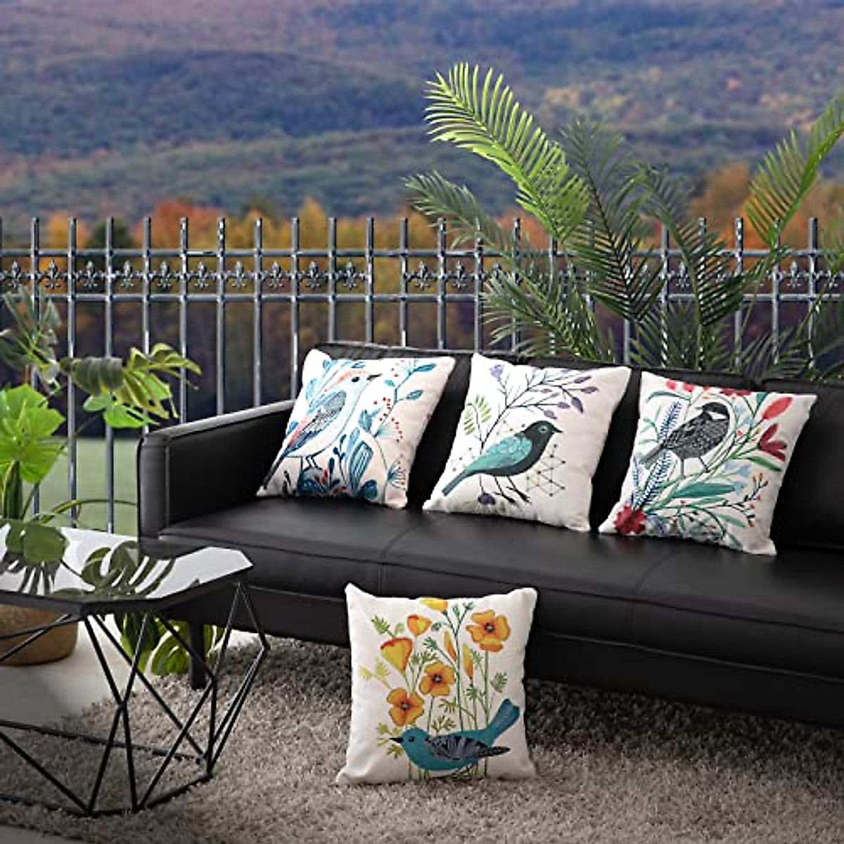 Waterproof Throw Pillow Covers 4 Pack Outdoor Farmhouse Linen Cushion Covers Square Decorative Pillow Cases for Patio Garden, Bird 18x18 inches