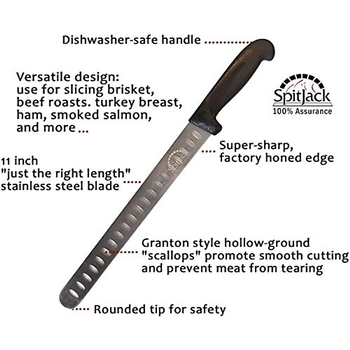 SpitJack BBQ Smoked Brisket Knife for Meat Carving and Slicing - SS, Granton Edge, 11 Inch Blade