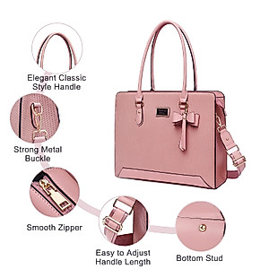 MOSISO Laptop Tote Bag for Women, 15.6 inch PU Leather Laptop Bag Compatible with MacBook, HP, Dell, Asus Notebook, Large Capacity Woven Travel Work Office Computer Briefcase & Clutch Purse, Pink