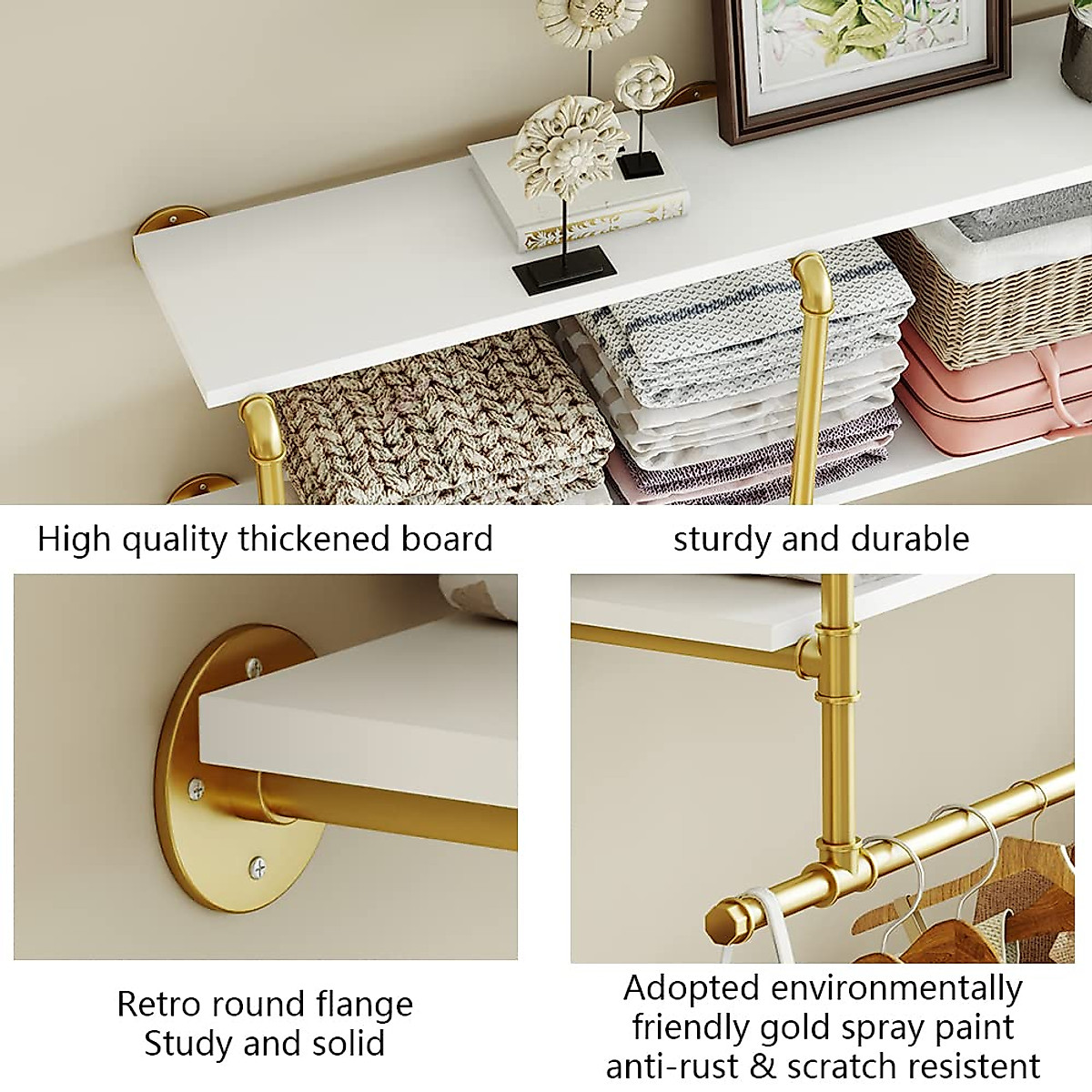 MAIKAILUN Wall Mounted Clothes Rack Gold with Shelf, 52" Long Industrial Pipe Clothing Rack with 2 Tier Shelves Heavy Duty Iron Garment Rack Bar,Retail Display Clothes Rod for Clothes,Laundry Room