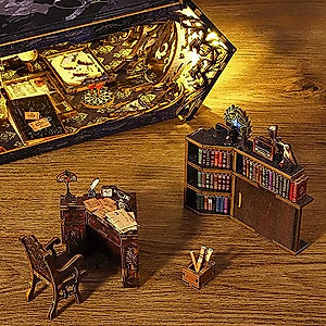 DIY Book Nook Kit, 3D Wooden Puzzle Booknook, Dollhouse Miniature Detective Agency Kits, Bookshelf Insert Decor Alley with LED Light, Assembled Bookends Crafts for Kids/Adults