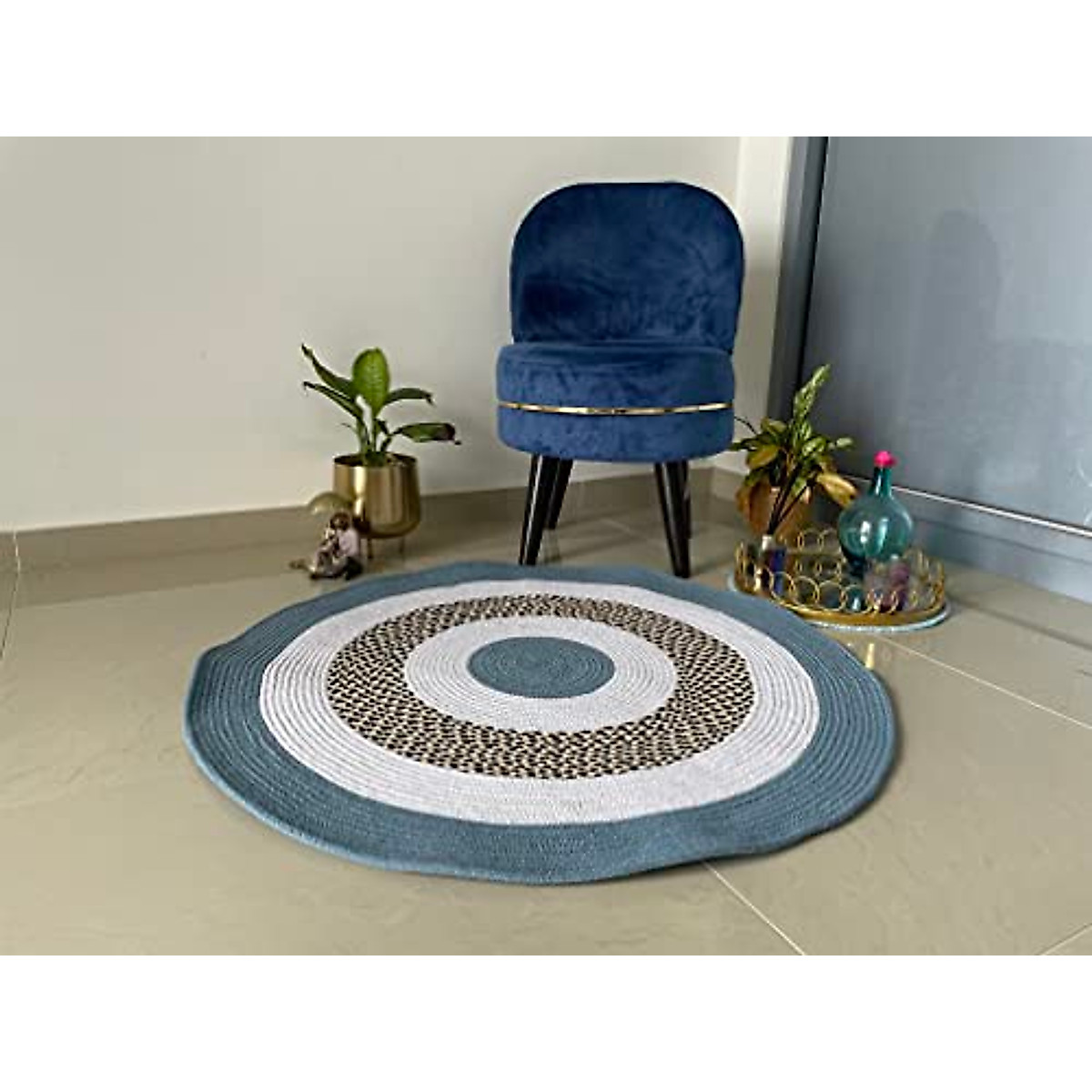 The Weaving Buddha Organic Round Cotton Mat Braided and Woven for Home Decor 3 feet (36 inches) Blue and White …