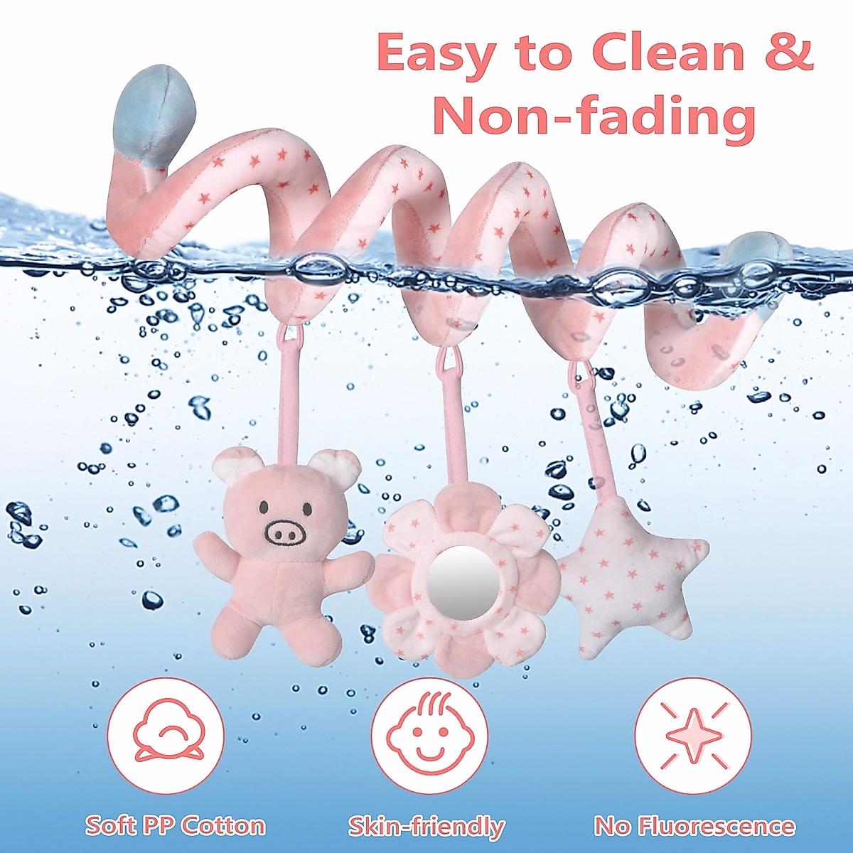 Car Seat Toys, Infant Baby Pink Pig Spiral Activity Hanging Toys Stroller Toys for Car Seat Stroller Bar Crib Bassinet Mobile with Mirror BB Squeaker and Rattles