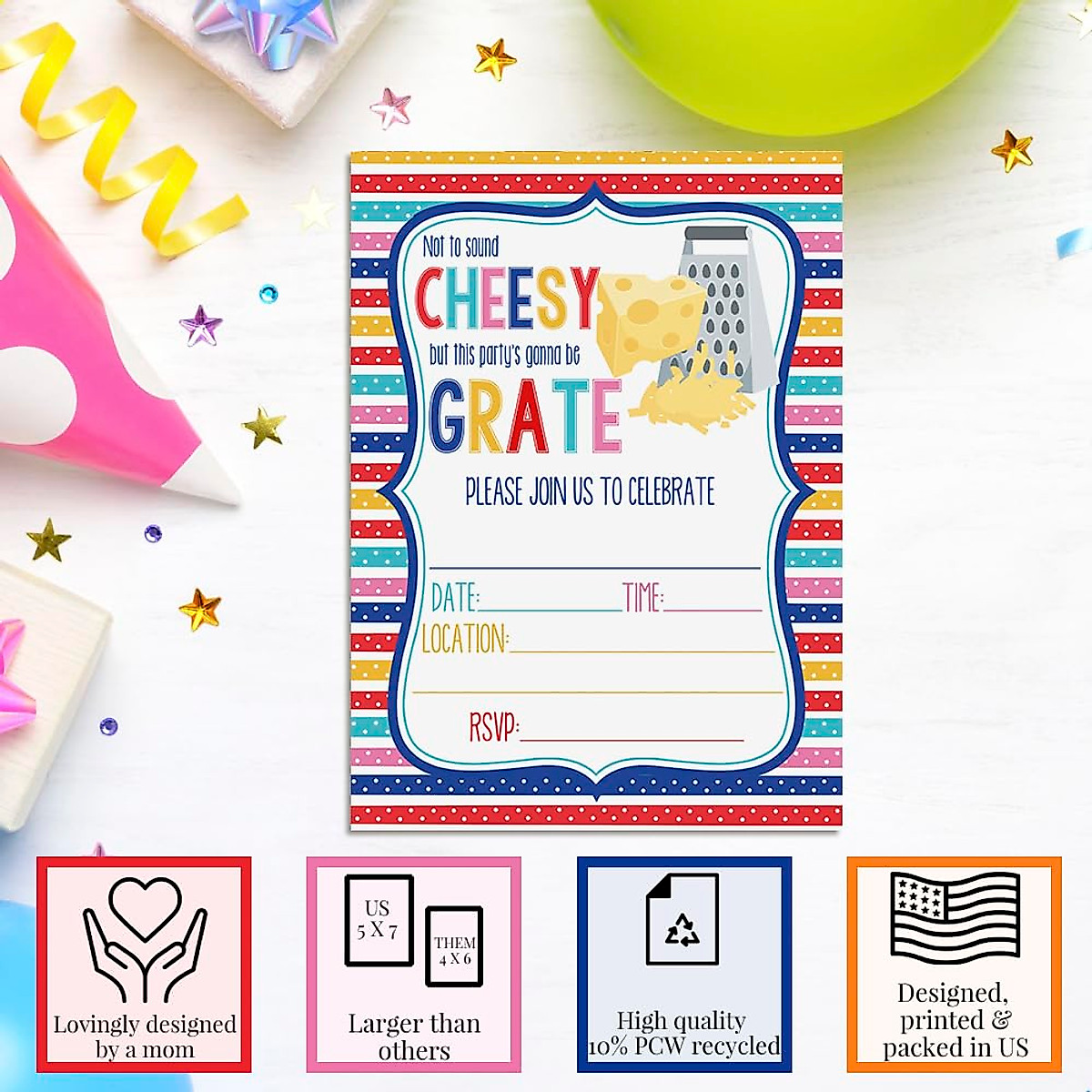 Cute & Silly Shredded Cheese Themed Birthday Party Invitations for Kids, 20 5x7 Fill In Cards with Twenty White Envelopes by AmandaCreation…